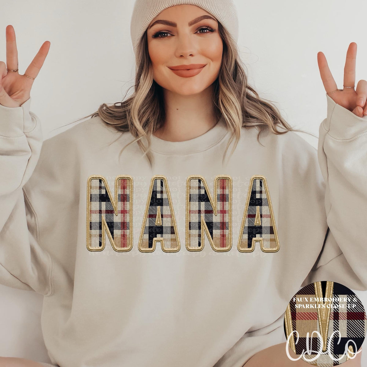 Nana Plaid Gold Faux Embroidery Sparkle DTF – Chase Design Co.