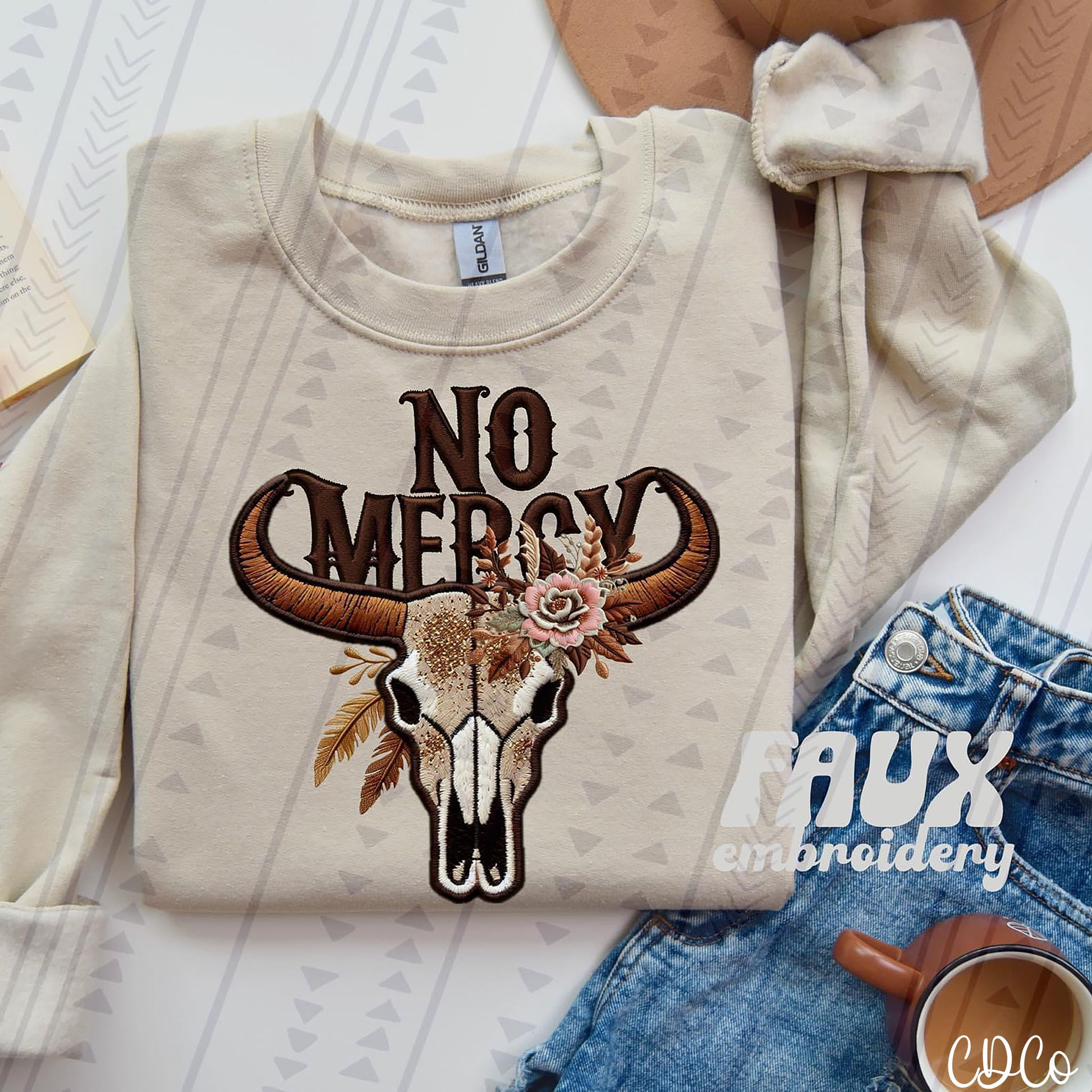 No Mercy Bull Skull Faux Embroidery 2006 DTF – Chase Design Co.