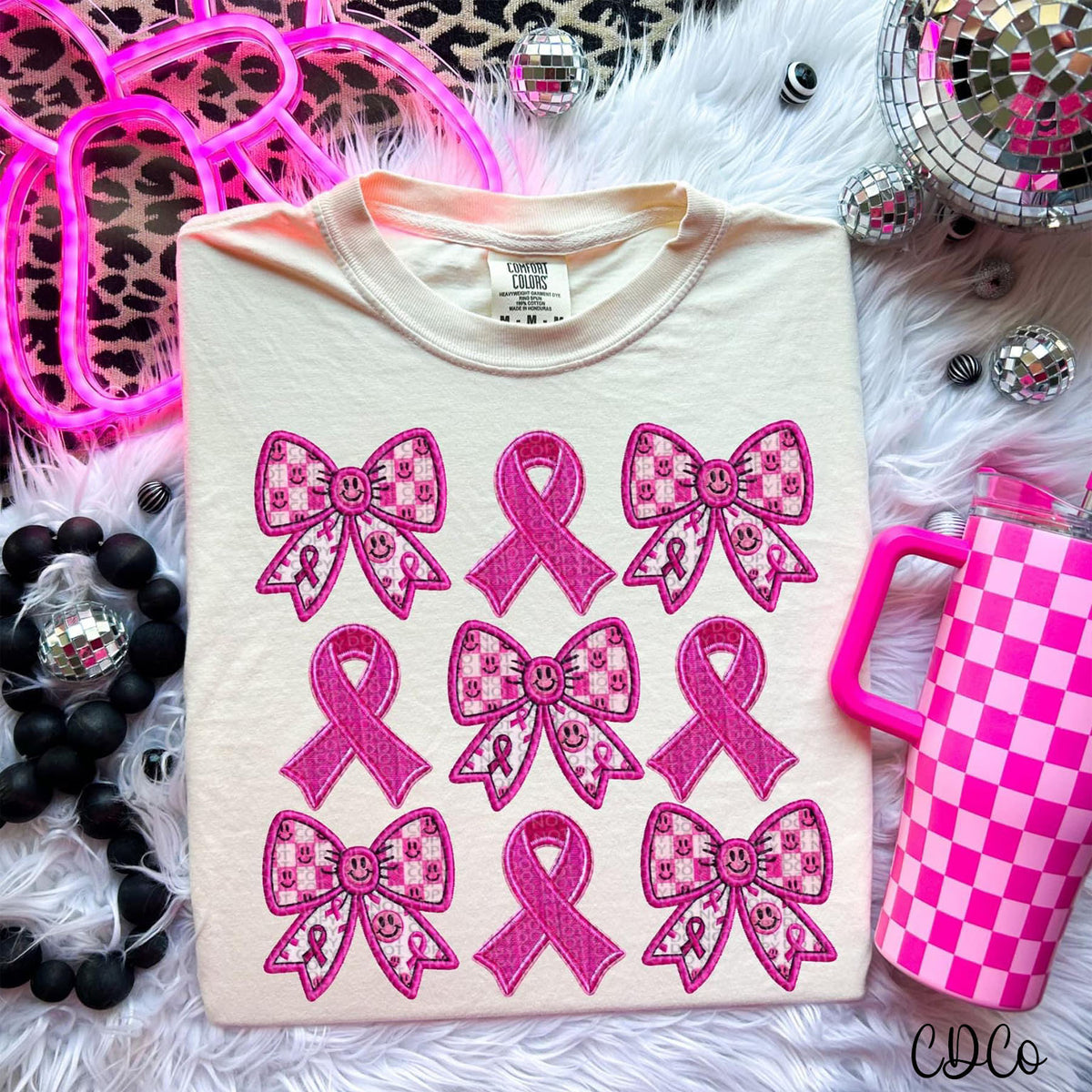 Pink Ribbon Bow Grid BCA Faux Accents DTF – Chase Design Co.